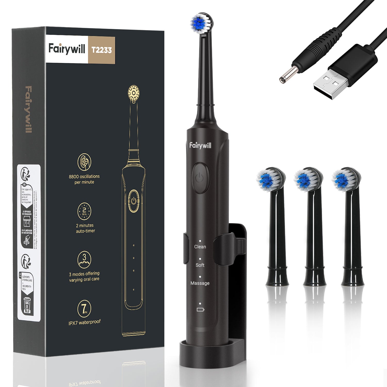 Fairywill Rotating Electric Toothbrush for Adults, Rechargeable Spin U