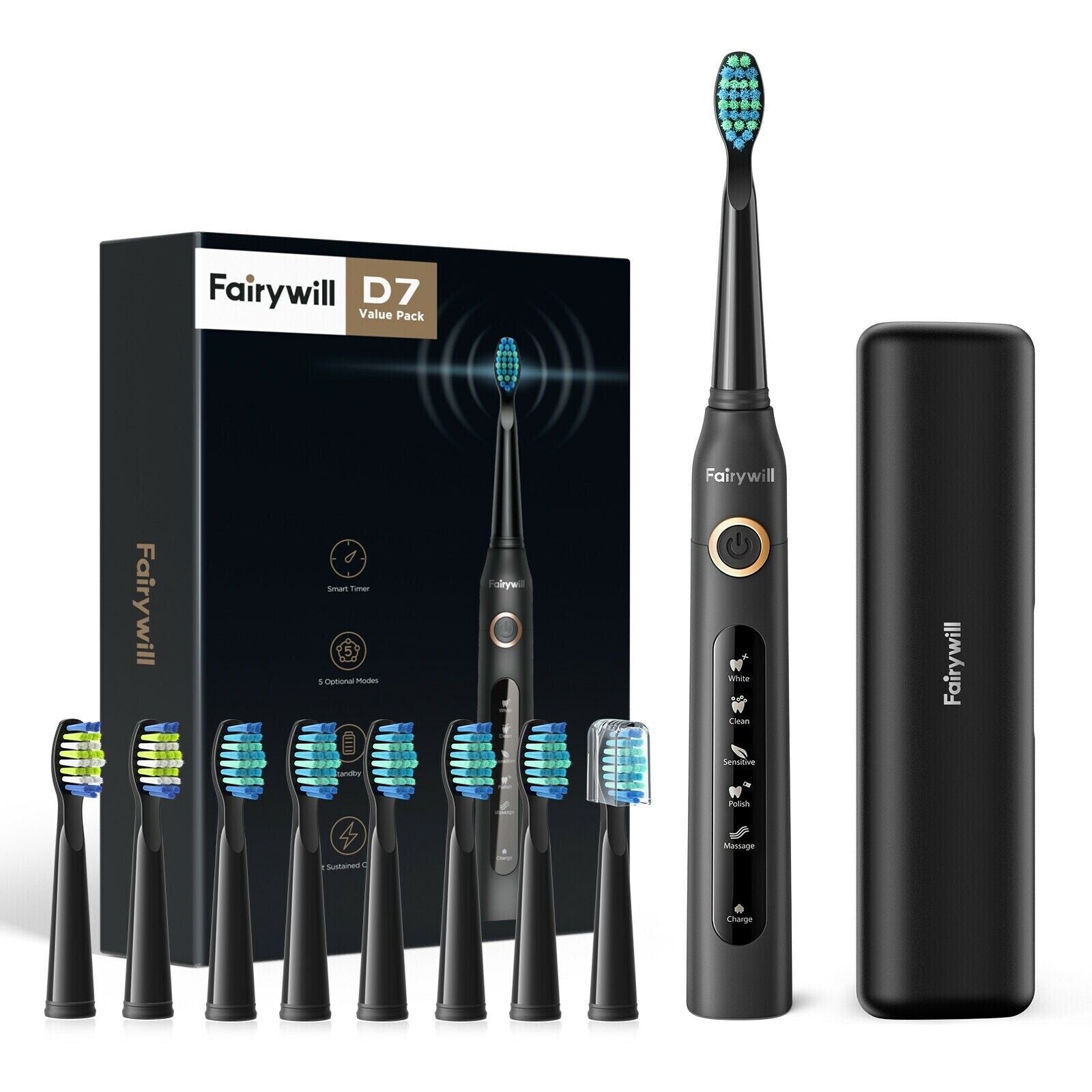 Fairywill Electric Toothbrush Black D7 8 Heads Sonic Oral with Case an